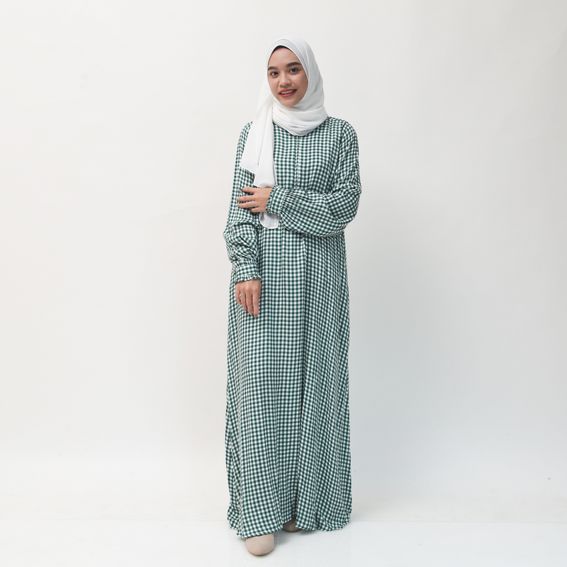 Elzatta Gamis Manset Frills Rayon Gingham - Hijau